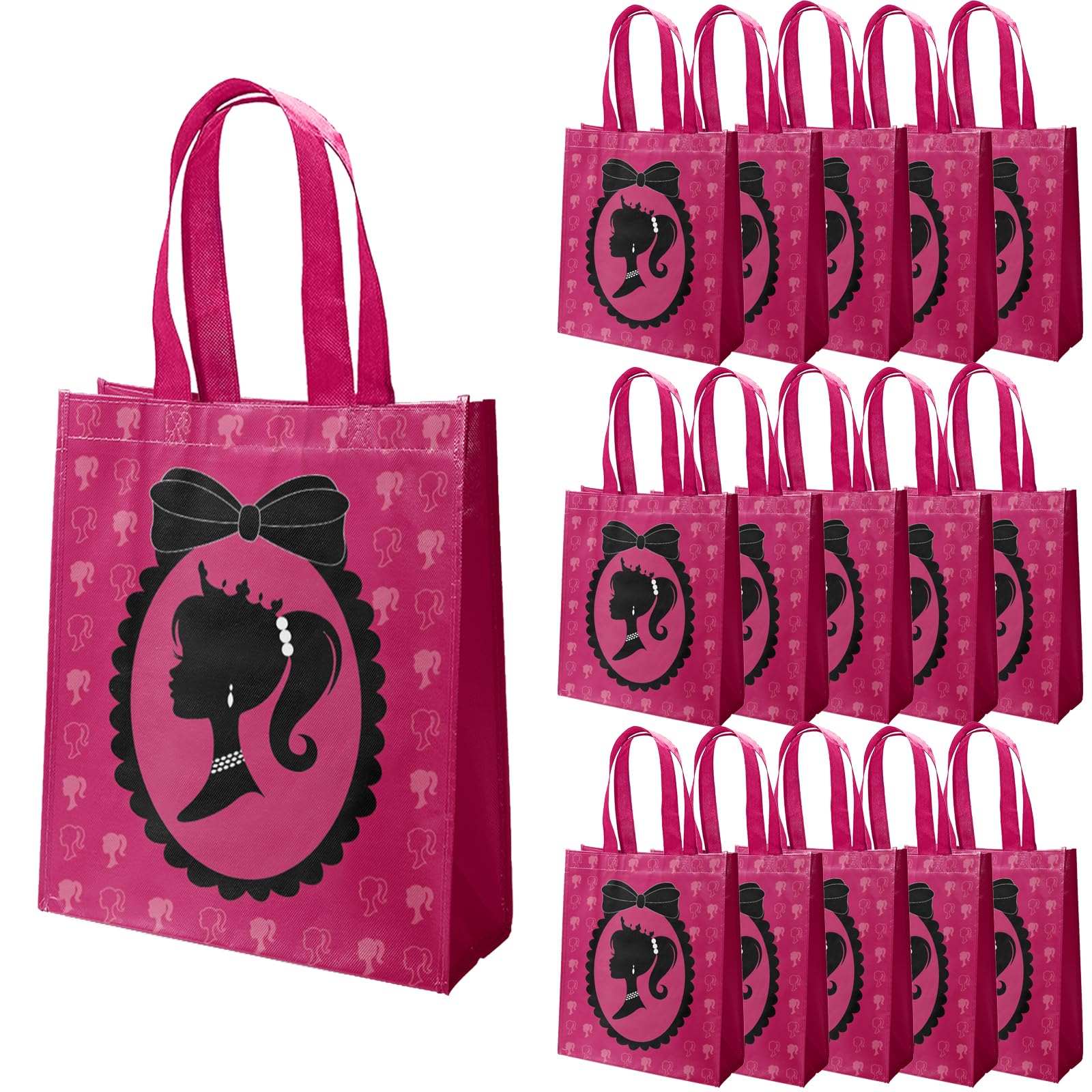 HYOUNINGF Pink Girls Party Supplies, 15PCS Large Doll Party Favor Gift Bags, Reusable Pink Party Goodie Candy Bags with Handle for Girls Birthday