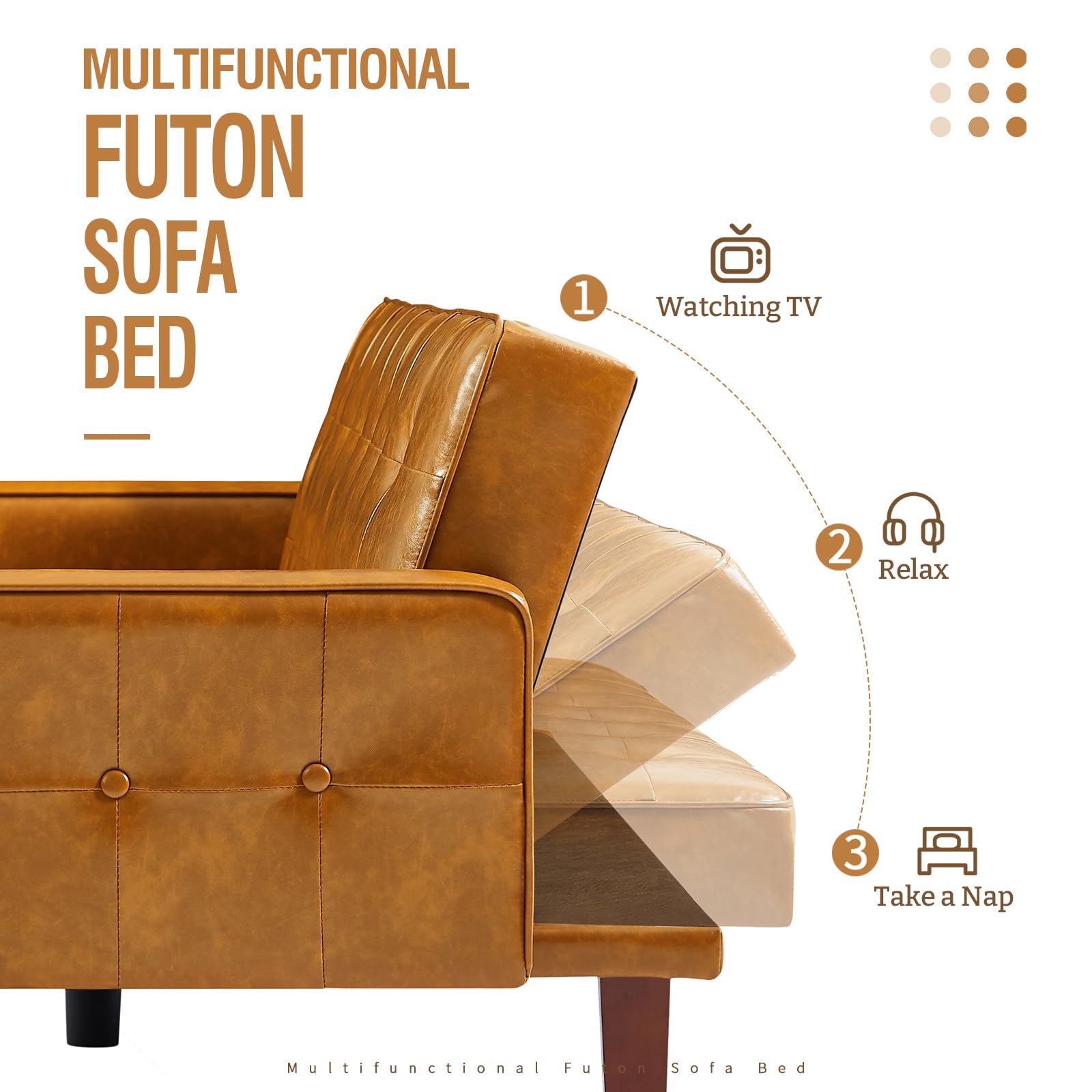 IULULU Futon Sofa Bed, Modern Convertible Faux Leather Sleeper Couch with Armrests for Studio, Office, Apartment, Compact Living, Game Room, Overnight Guests, Brown