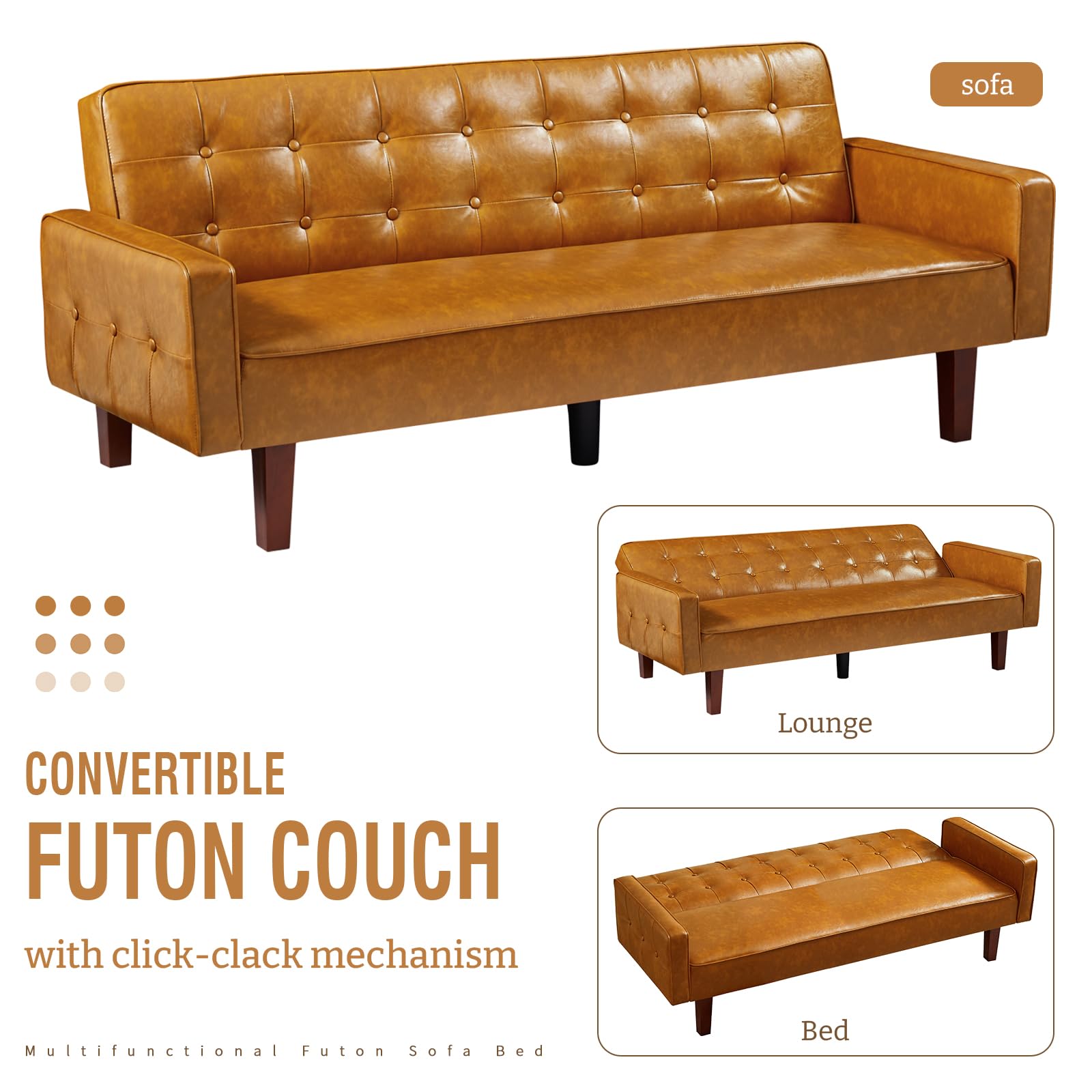IULULU Futon Sofa Bed, Modern Convertible Faux Leather Sleeper Couch with Armrests for Studio, Office, Apartment, Compact Living, Game Room, Overnight Guests, Brown
