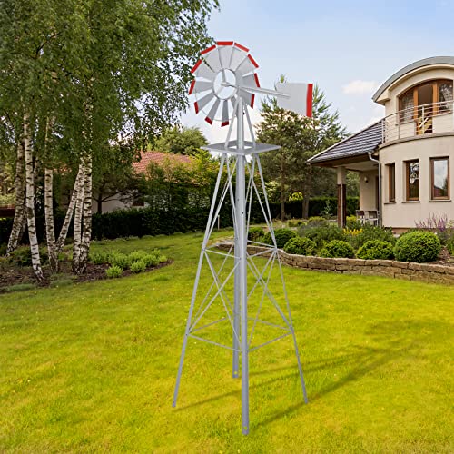 Crownland 8FT Ornamental Windmill Backyard Garden Decoration Weather Vane, Heavy Duty Metal Wind Mill Weather Resistant 4 Legs Design (Grey)