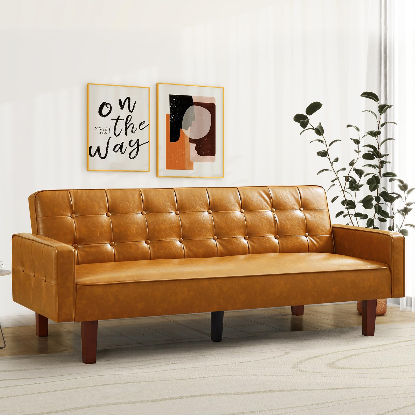 IULULU Futon Sofa Bed, Modern Convertible Faux Leather Sleeper Couch with Armrests for Studio, Office, Apartment, Compact Living, Game Room, Overnight Guests, Brown