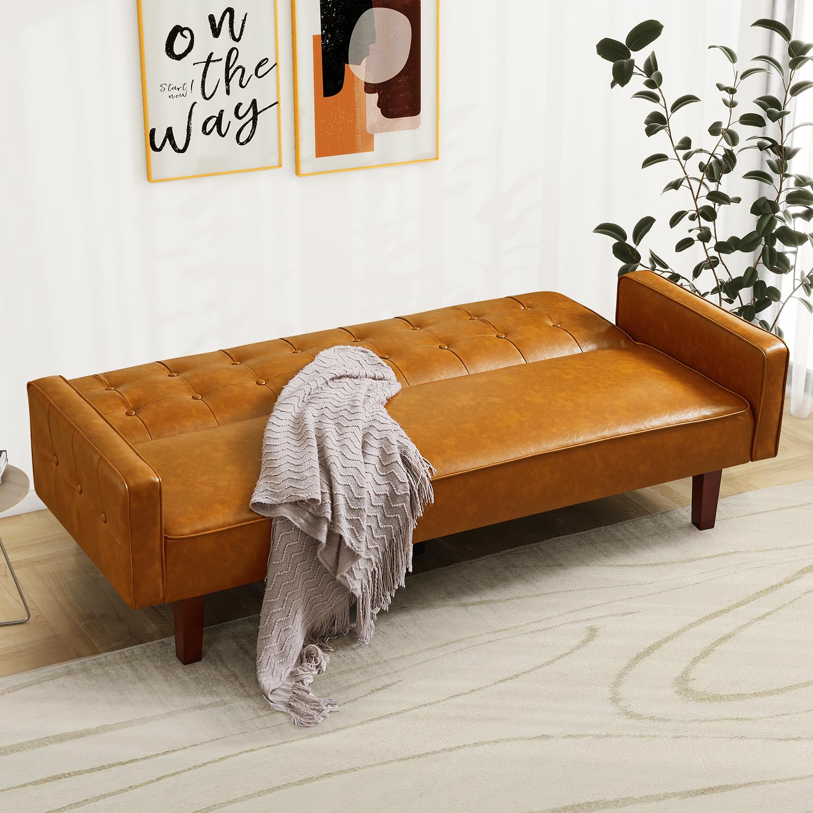 IULULU Futon Sofa Bed, Modern Convertible Faux Leather Sleeper Couch with Armrests for Studio, Office, Apartment, Compact Living, Game Room, Overnight Guests, Brown
