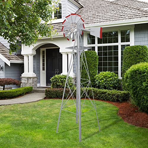 Crownland 8FT Ornamental Windmill Backyard Garden Decoration Weather Vane, Heavy Duty Metal Wind Mill Weather Resistant 4 Legs Design (Grey)