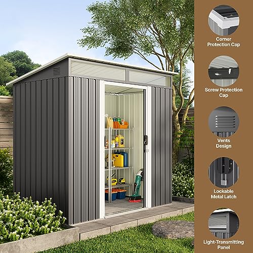 Gizoon 6'x4' Outdoor Storage Shed Metal Garden Shed with Sliding Lockable Doors, Versatile Tool Bike Shed with Transparent Panel Windows, Outdoor Storage Clearance for Backyard, Patio, Dark Gray