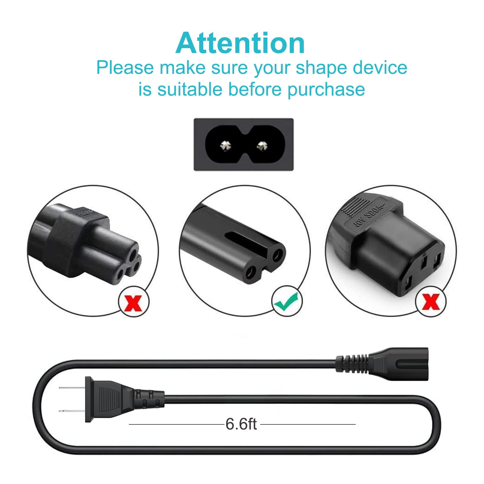 2-Pack 2 Prong AC Power Cord for Samsung 24" 32" 40" 43" 48" 49" 50" 55" 60" 65" 75" inch, UN40 UN43 UN48 UN49 UN50 UN55 UN60 UN65 UN70 UN75 UN78 LCD Smart 4K TV AC Power Supply Cord Cable Replacement