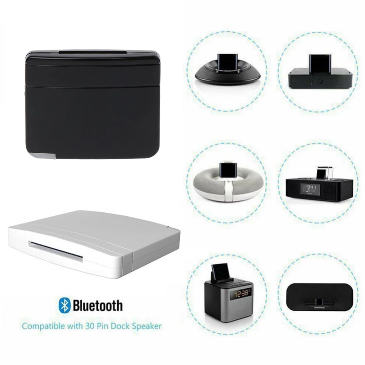 30 Pin Bluetooth Receiver Adapter for iPod iPhone iPad Speaker Dock Bluetooth A2DP Music Audio Receiver 30 Pin Compatible Bose iPod SoundDock (White)