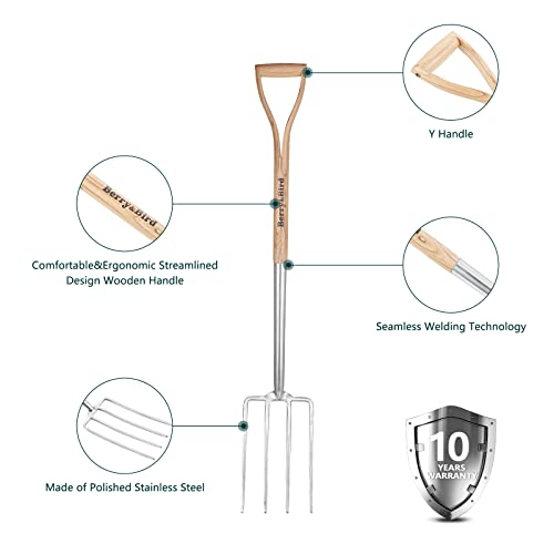 Berry&Bird Garden Digging Fork, 37.4" Stainless Steel Garden Spading Fork with D-Grip Handle, 4-Tine Heavy Duty Long Handled Pitchfork with Ash Wood Handle for Digging, Planting, Aerating, Cultivating