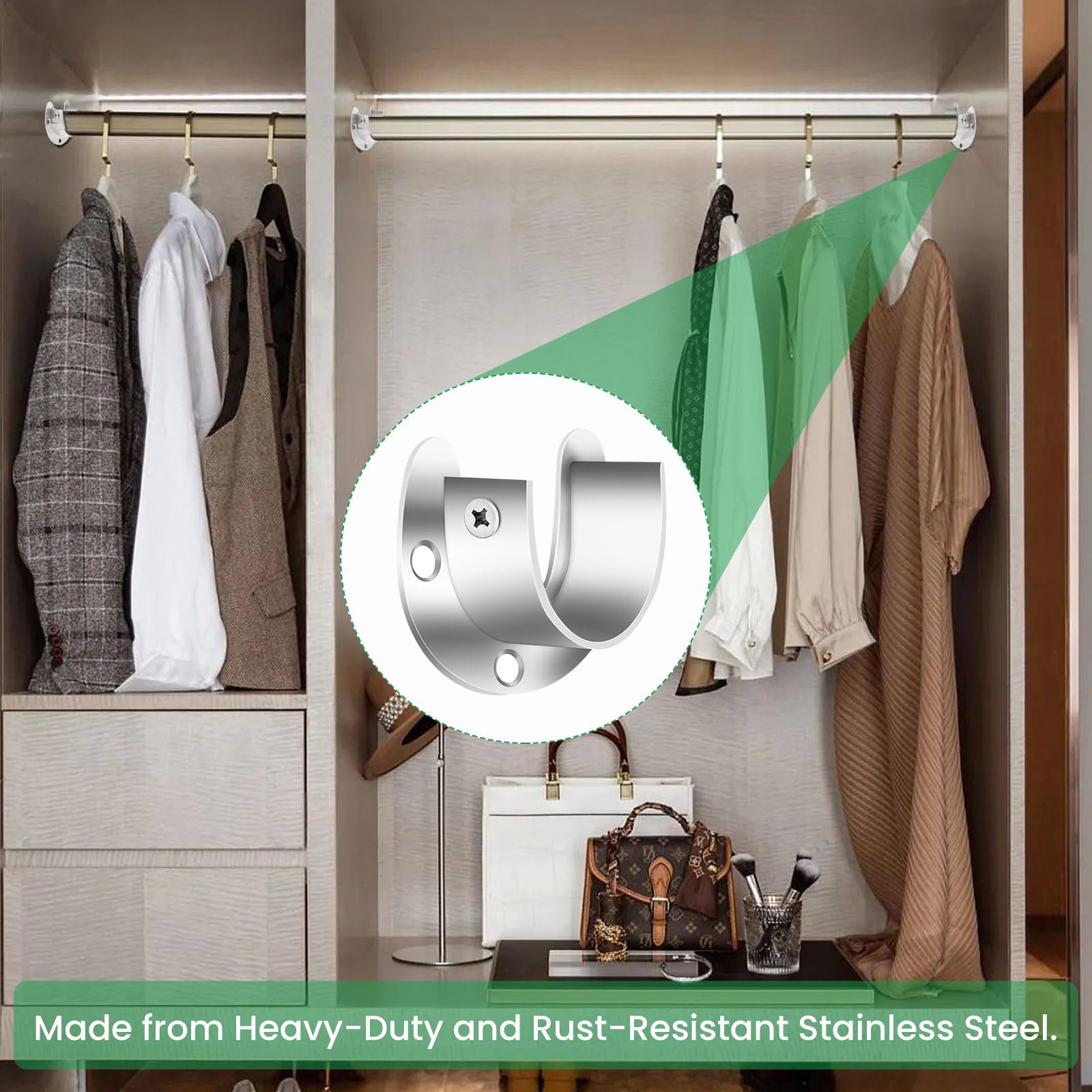 LAHONI 6PCS Closet Shelf & Rod Bracket, U-Shaped Closet Rod End Supports Set, Closet Pole Sockets Kit, Stainless Steel Closet Rod Holders for Hanging Clothes, Curtains, Shower Rods, Wardrobe, Wall