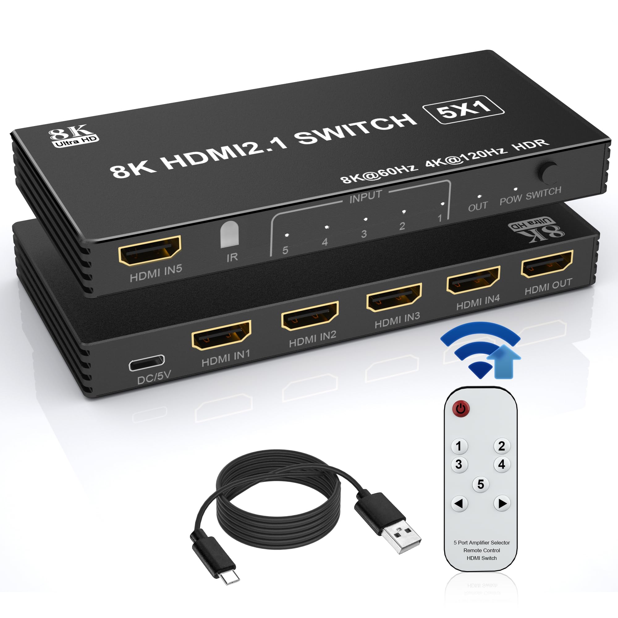 4K 120Hz HDMI Switch 8K HDMI 2.1 Splitter with Remote - 5 in 1 Out HDMI Hub for Multiple Inputs, HDMI Multiport Adapter Port Expander Switcher Supports 8K@60Hz/4K@120Hz for PS5 Xbox DVD Player TV PC