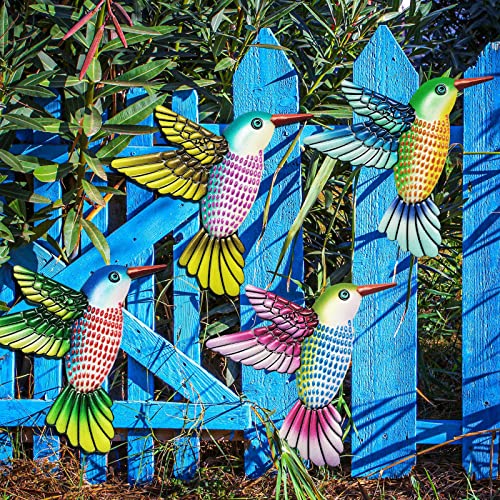 Cruis Cuka Metal Wall Art Garden Decor Mini Cute Hummingbird Wall Sculpture Fence Decorations for Outside 5.3 * 4.7" - Set of 4