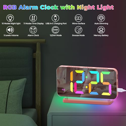 Poeroa RGB Digital Alarm Clock,7.4 in LED Desk Clock with Night Light,USB C Charger Port,Auto Dimming,Acrylic Mirror Clock for Teens Girl Adults Bedroom Decor - Pink