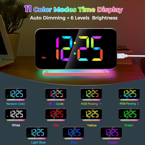 Poeroa RGB Digital Alarm Clock,7.4 in LED Desk Clock with Night Light,USB C Charger Port,Auto Dimming,Acrylic Mirror Clock for Teens Girl Adults Bedroom Decor - Pink