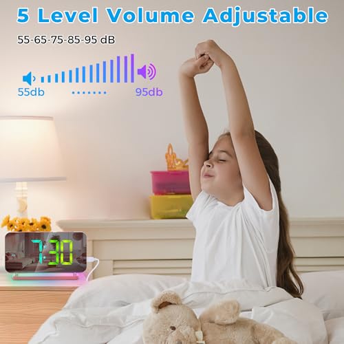 Poeroa RGB Digital Alarm Clock,7.4 in LED Desk Clock with Night Light,USB C Charger Port,Auto Dimming,Acrylic Mirror Clock for Teens Girl Adults Bedroom Decor - Pink