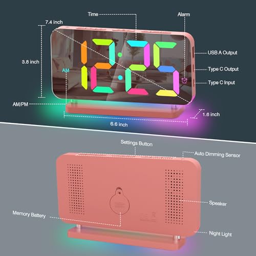 Poeroa RGB Digital Alarm Clock,7.4 in LED Desk Clock with Night Light,USB C Charger Port,Auto Dimming,Acrylic Mirror Clock for Teens Girl Adults Bedroom Decor - Pink