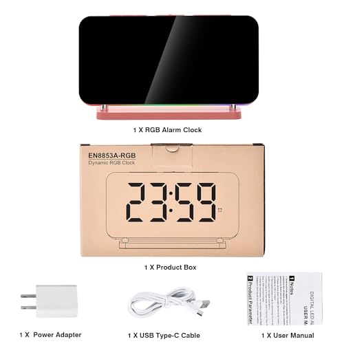 Poeroa RGB Digital Alarm Clock,7.4 in LED Desk Clock with Night Light,USB C Charger Port,Auto Dimming,Acrylic Mirror Clock for Teens Girl Adults Bedroom Decor - Pink