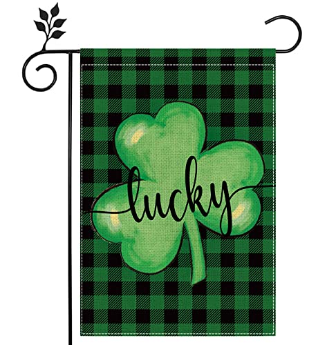 AnyDesign St. Patrick's Day Garden Flag Double-Sided Lucky Shamrock Yard Flag Rustic Green Black Buffalo Plaid Farmhouse Shamrock Outdoor Decoration for Irish Holiday, 12.5 x 18 Inch