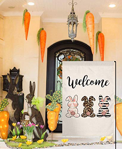 Welcome Easter Bunny Garden Flag Vertical Double Sided Burlap Yard Spring Rabbit Outdoor Decor 12.5 x 18 Inches