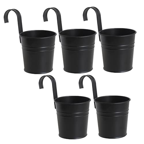 XZJMY 5 Pcs Hanging Flower Pots Metal Iron Bucket Planter Pot Metal Bucket Flower Holder with Hook Indoor Outdoor Decor for Railing Fence Balcony Garden (Black)