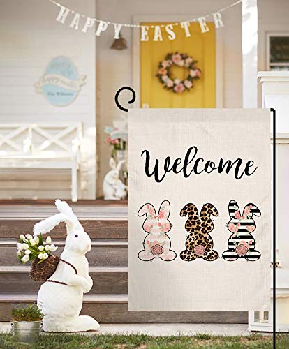 Welcome Easter Bunny Garden Flag Vertical Double Sided Burlap Yard Spring Rabbit Outdoor Decor 12.5 x 18 Inches