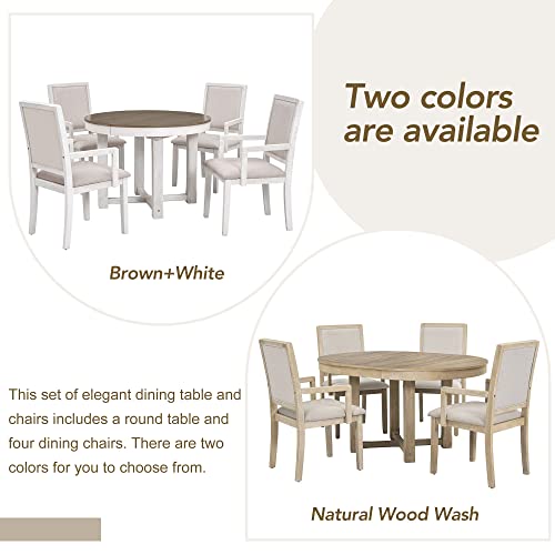 Dinehome 5-Piece Wooden Round to Oval Extendable Dining Table Set with 4 Upholstered Armrest Chairs, Natural Wood Wash