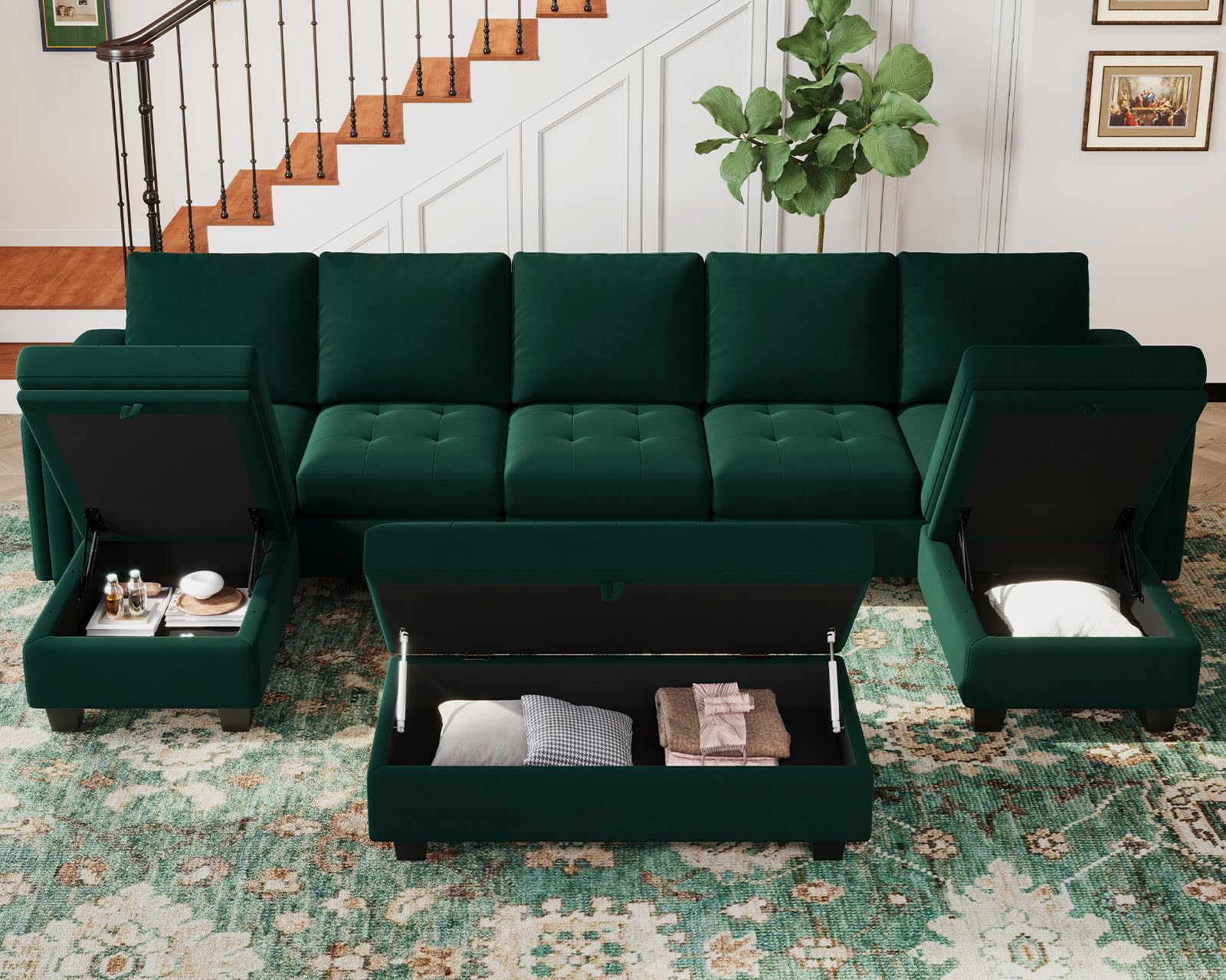 Belffin Modular Sectional Sofa Set Velvet U Shaped Sofa Set with Reversible Wide Chaise Convertible Corner Sectional Sofa Couch Set with Storage Ottoman Green