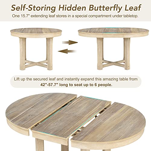 Dinehome 5-Piece Wooden Round to Oval Extendable Dining Table Set with 4 Upholstered Armrest Chairs, Natural Wood Wash