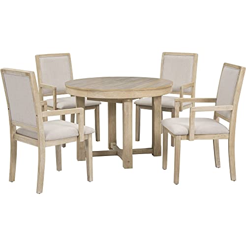 Dinehome 5-Piece Wooden Round to Oval Extendable Dining Table Set with 4 Upholstered Armrest Chairs, Natural Wood Wash