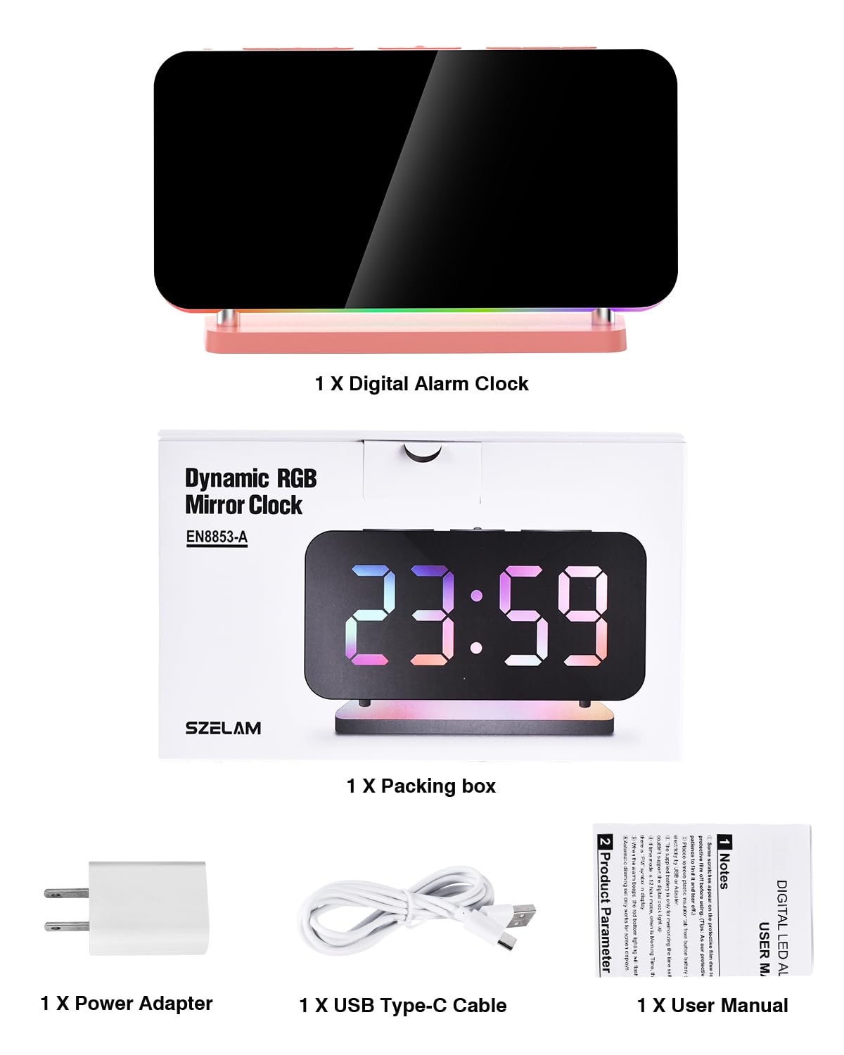 SZELAM Alarm Clock for Bedroom,7.4" Mirror Digital Clocks Large Display,with RGB Night Light, USB C Charger Port,Auto Dimming,LED Desk Clock for Kid Teen Girl Adults Room - Pink