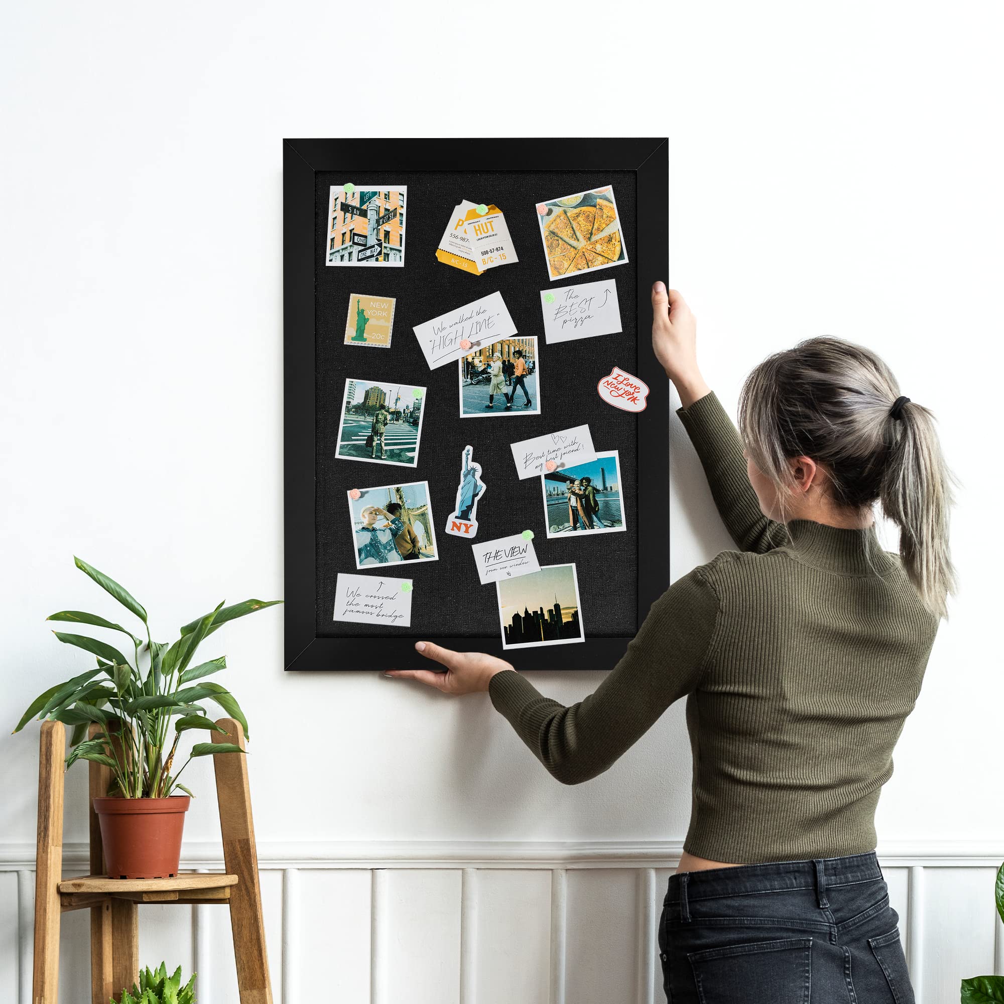 Board2by Black Cork Board Bulletin Board with Linen, Wood Framed 30" x 20" Corkboard, Office Board for Wall Decor, Wall Mounted Pin Board Picture Board with 20 Pushpins for School, Home & Office
