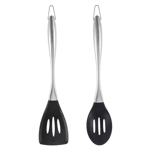 FONGLUAN Silicone Cooking Utensils Set, Set of 2, Kitchen Spatulas and Slotted Basting Spoons, Nonstick Cookware, BPA Free Heat-Resistant Kitchen Utensils, Black