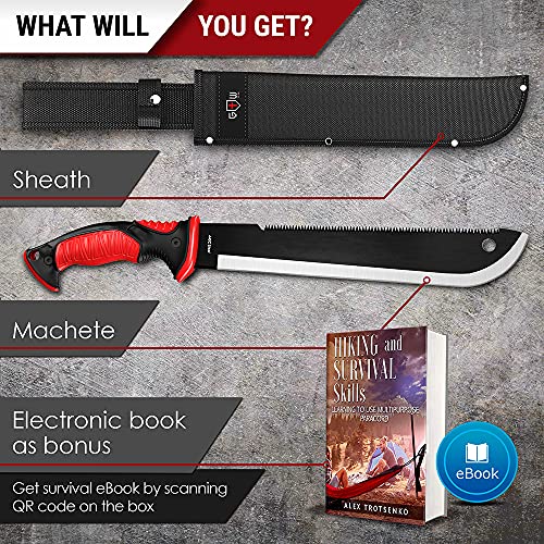 11 Inch Serrated Blade Machete with Nylon Sheath - Saw Blade Machetes with Non-Slip Rubber Handle - Best Brush Clearing Tool Grand Way 111084