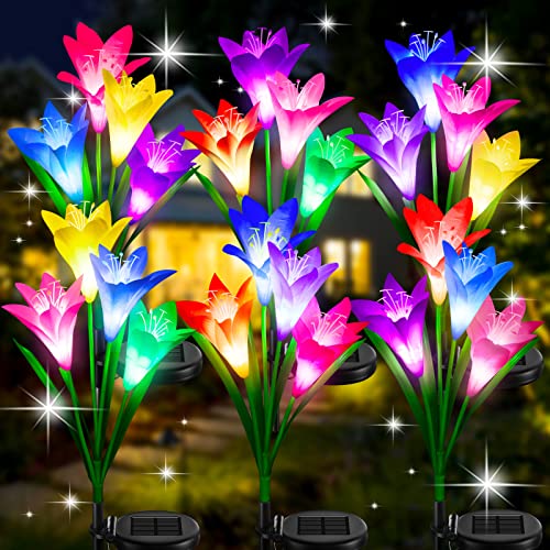 Solar Flower Lights Outdoor Garden Decor 6 Pack, KuBace Upgraded Waterproof Solar Garden Lights with 24 Bigger Lily Flowers, 7 Color Changing Outdoor Solar Lights for Yard Patio Backyard Outdoor Decor