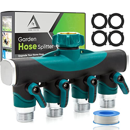 DBR Tech 4 Way Garden Hose Splitter for Outdoor Lawn and Gardening Hoses, Heavy Duty Metal Faucet Attachment, Leak Resistant Threading with Shut Off Valves, Four Way Spigot Adapter Full Flow, Green