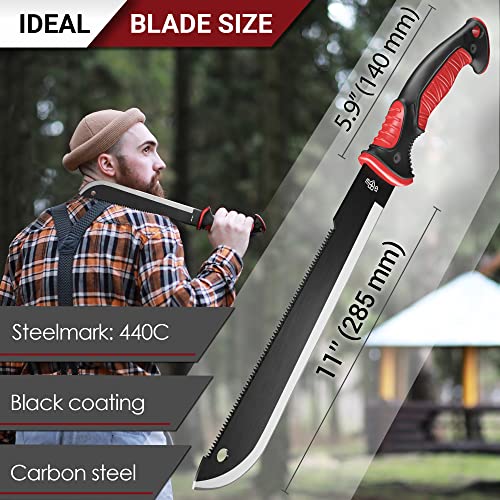 11 Inch Serrated Blade Machete with Nylon Sheath - Saw Blade Machetes with Non-Slip Rubber Handle - Best Brush Clearing Tool Grand Way 111084