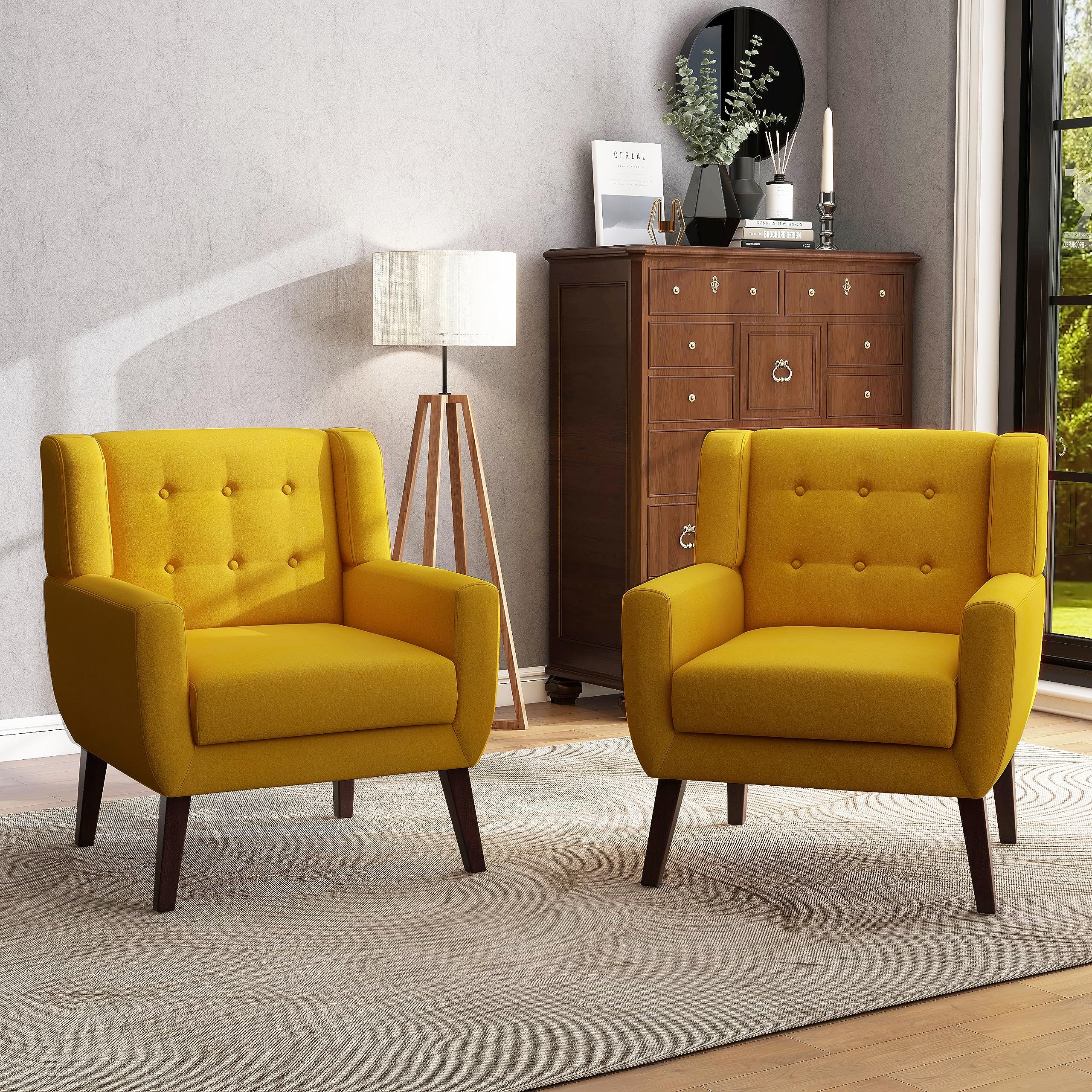 UIXE Accent Chairs Set of 2, Modern Living Room Arm Chair Button Tufted Armchair, Comfy Upholstered Club Lounge Sofa Seat Reading Chair Bedroom Side Seating for Home Office (Yellow)