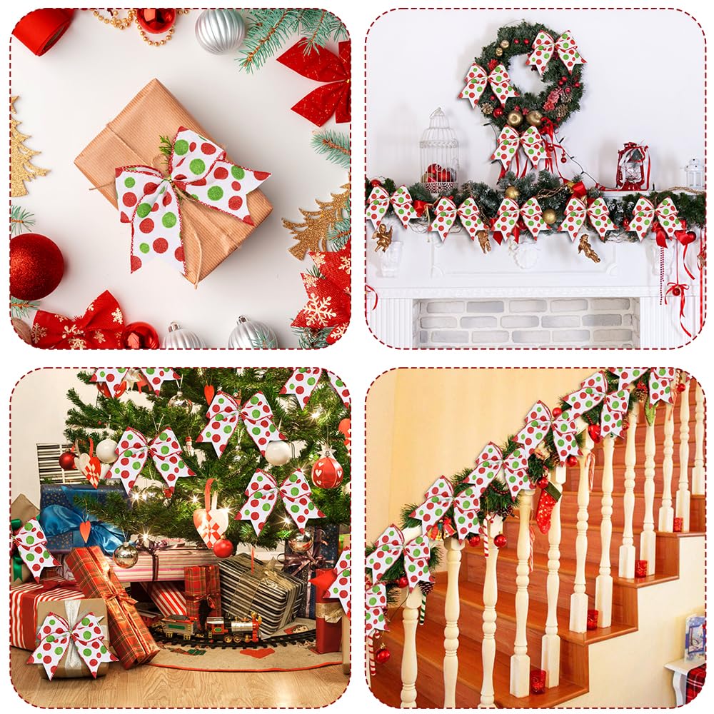 DIYDEC 12pcs Christmas Bows Decoration 6.3 Inch Large Christmas Wreath Bows Red Green Xmas Tree Bows Christmas Glitter Dot Bows Ribbons Ornaments for Garland Wedding Home Holiday Party