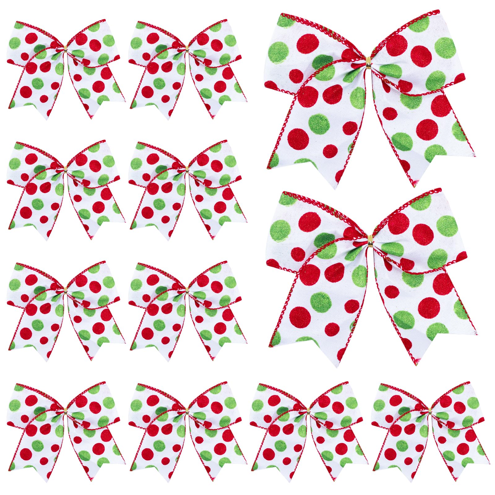 DIYDEC 12pcs Christmas Bows Decoration 6.3 Inch Large Christmas Wreath Bows Red Green Xmas Tree Bows Christmas Glitter Dot Bows Ribbons Ornaments for Garland Wedding Home Holiday Party