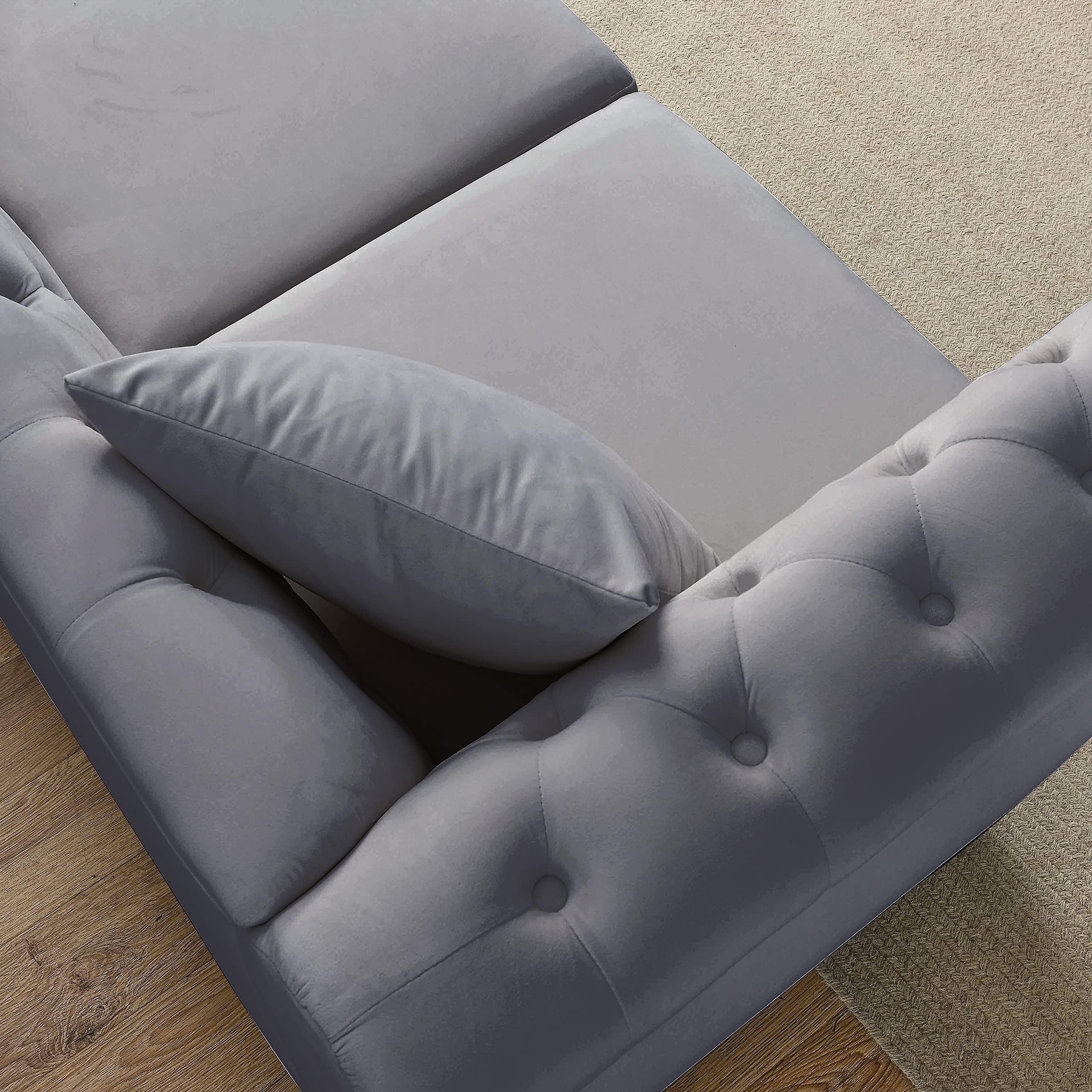SZUBEE Modern 80" Chesterfield Grey Velvet, 3 Seater Sofa Tufted Couch with Rolled Arms,Nailhead andtwo Pillows for Living Room, Bedroom, Office, Apartment