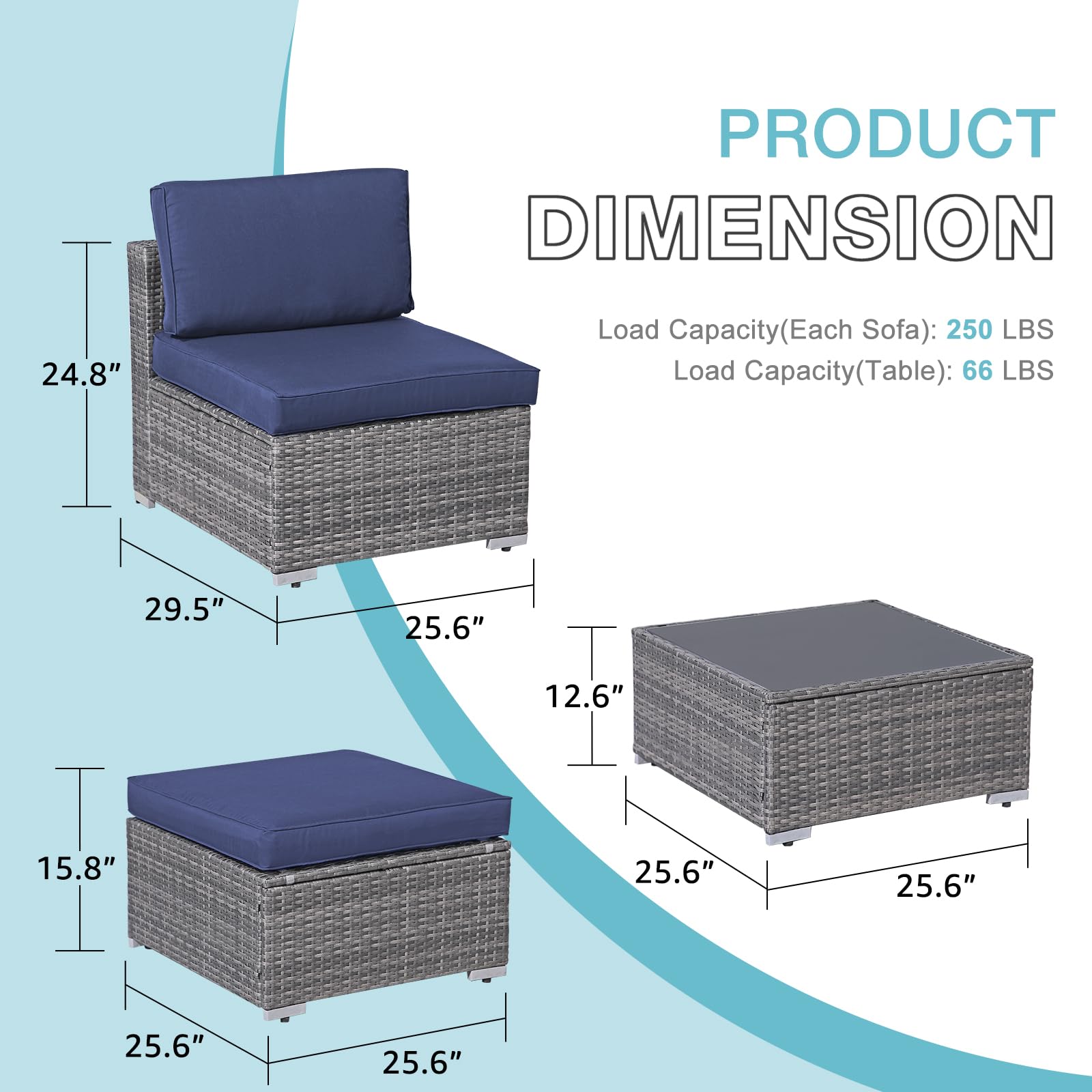 Patiorama 3-Piece Patio Furniture Set, Outdoor Sectional Sofa, All-Weather Grey PE Wicker Rattan Conversation Set, Outdoor Couch Loveseat Sofa w/Coffee Table for Deck Balcony Pool(Navy Blue Cushion)