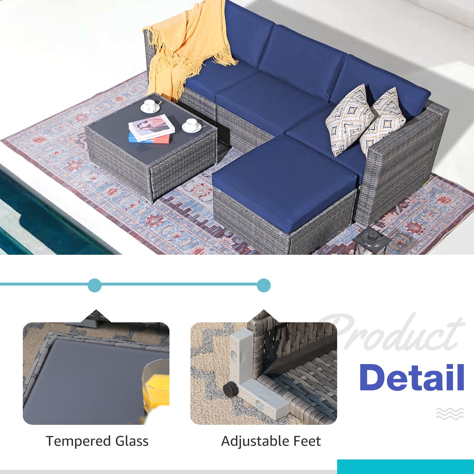 Patiorama 3-Piece Patio Furniture Set, Outdoor Sectional Sofa, All-Weather Grey PE Wicker Rattan Conversation Set, Outdoor Couch Loveseat Sofa w/Coffee Table for Deck Balcony Pool(Navy Blue Cushion)