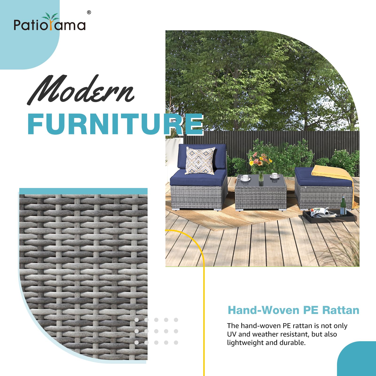Patiorama 3-Piece Patio Furniture Set, Outdoor Sectional Sofa, All-Weather Grey PE Wicker Rattan Conversation Set, Outdoor Couch Loveseat Sofa w/Coffee Table for Deck Balcony Pool(Navy Blue Cushion)