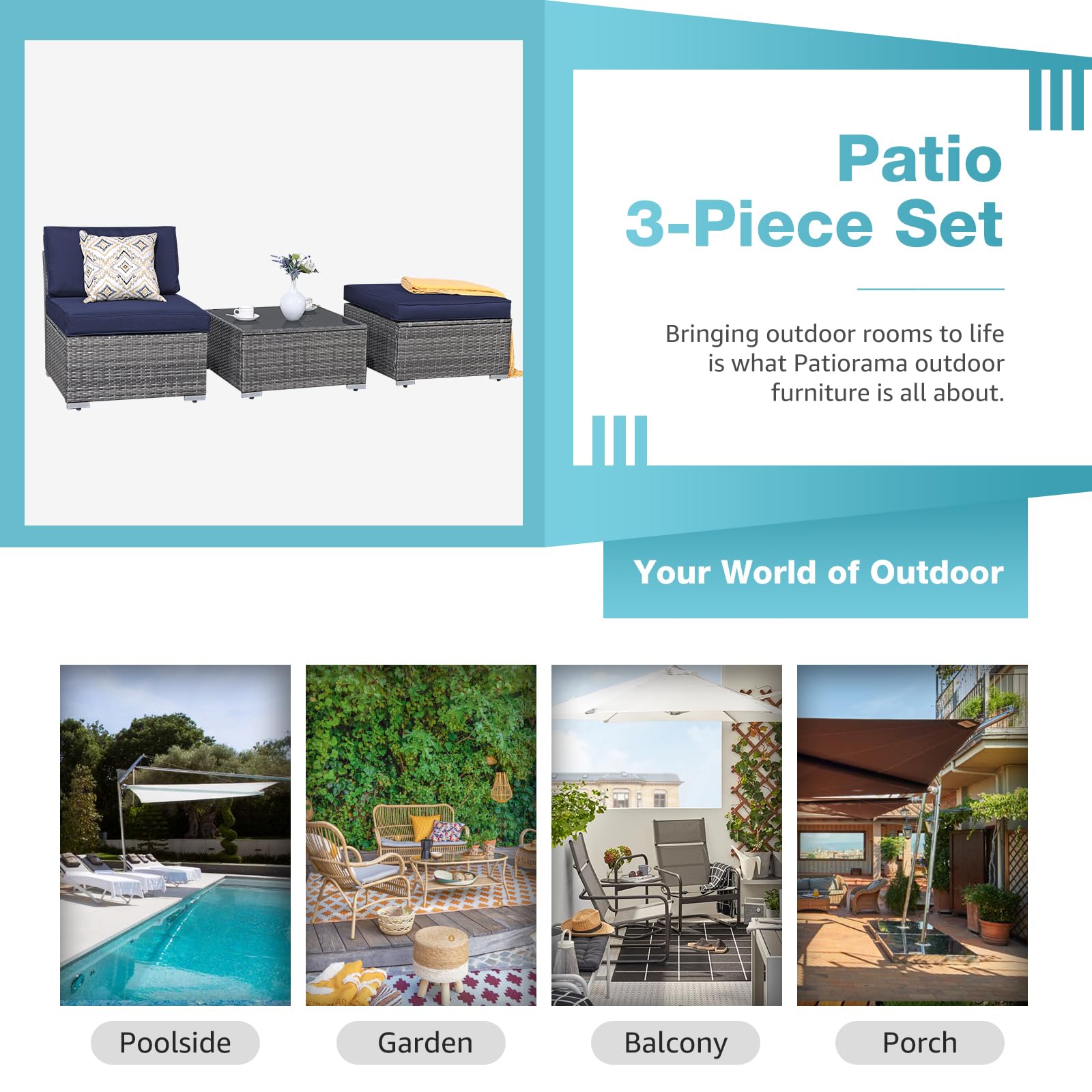 Patiorama 3-Piece Patio Furniture Set, Outdoor Sectional Sofa, All-Weather Grey PE Wicker Rattan Conversation Set, Outdoor Couch Loveseat Sofa w/Coffee Table for Deck Balcony Pool(Navy Blue Cushion)