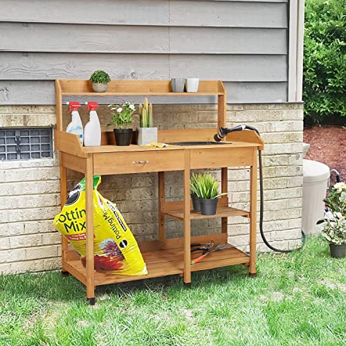 Topeakmart 45.2x17.7x47.6'' (LxWxH) Potting Benches Outdoor Garden Potting Table Work Bench with Removable Sink Drawer Rack Shelves Work Station, Wood