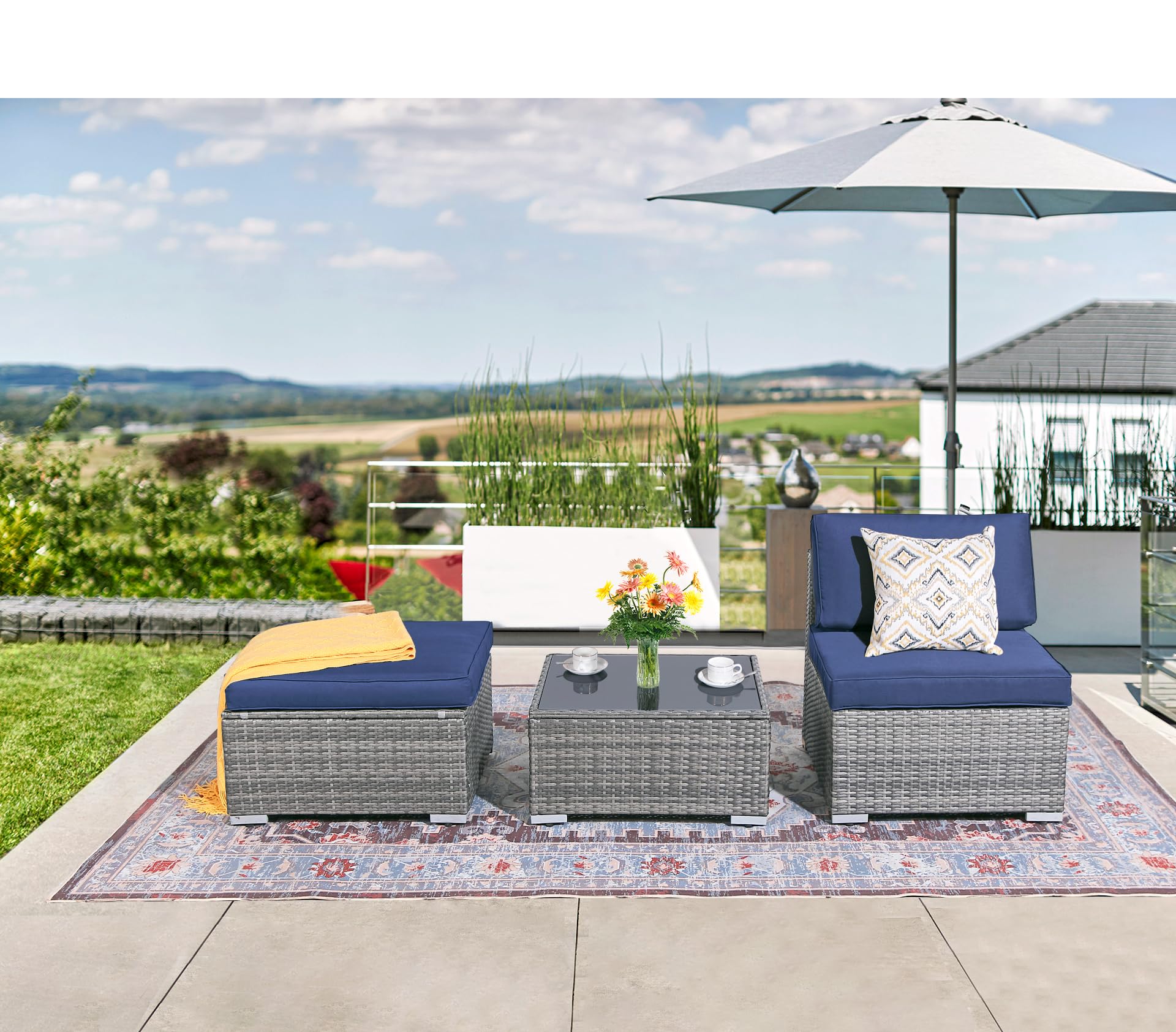 Patiorama 3-Piece Patio Furniture Set, Outdoor Sectional Sofa, All-Weather Grey PE Wicker Rattan Conversation Set, Outdoor Couch Loveseat Sofa w/Coffee Table for Deck Balcony Pool(Navy Blue Cushion)