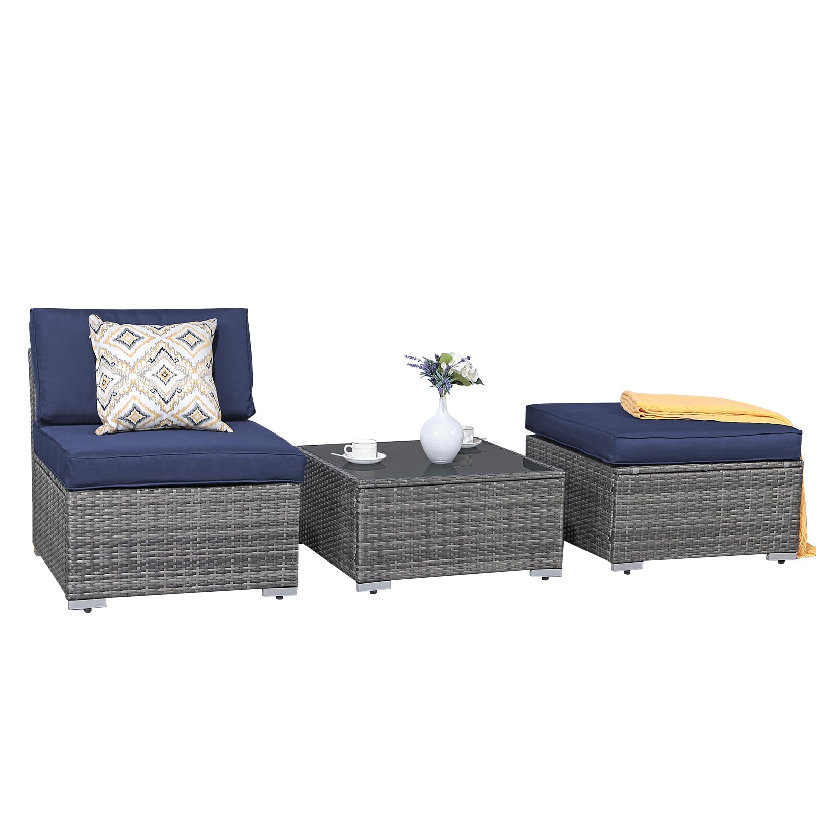 Patiorama 3-Piece Patio Furniture Set, Outdoor Sectional Sofa, All-Weather Grey PE Wicker Rattan Conversation Set, Outdoor Couch Loveseat Sofa w/Coffee Table for Deck Balcony Pool(Navy Blue Cushion)