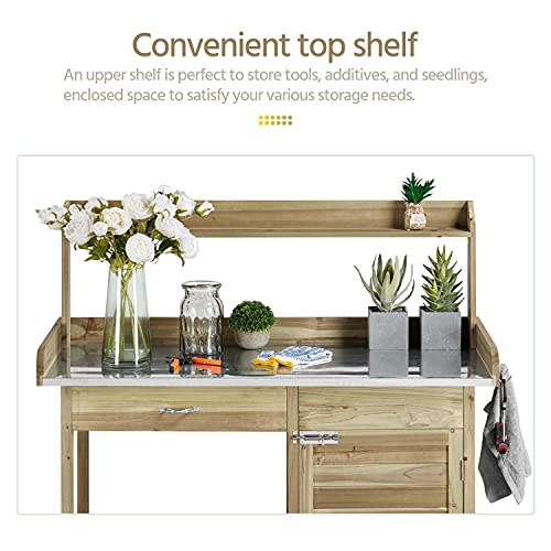 Yaheetech Outdoor Potting Bench Table, Garden Work Bench w/Metal Tabletop Work Station w/Cabinet Drawer, Open Top&Lower Shelf, Handy Hooks, ACQ Lumber Wood, Light Green