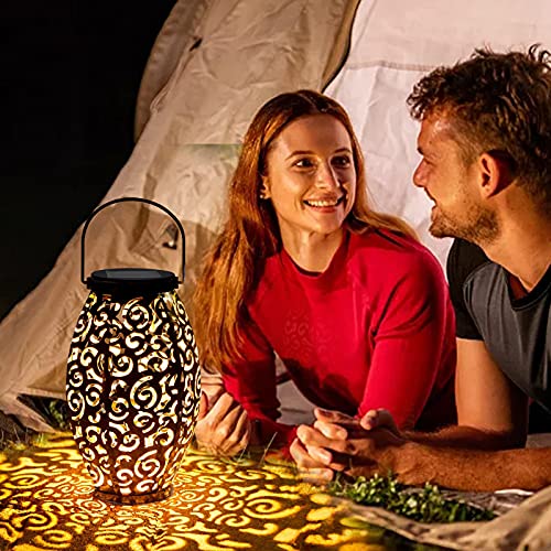 2Pcs Solar Lanterns Outdoor Waterproof Hanging Solar Garden Hollow Lanterns LED Lanterns with Handle Decorative Projector Night Light for Courtyard Porch Pathway Walkway Tree Fence Christmas