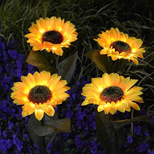 Abkshine New Upgraded 4 Pack Sunflower Solar Lights Outdoor Garden Decorative, Artificial Solar Powered Sunflowers Flowers Lights for Garden Yard Patio Thanksgiving Cemetery Decorations