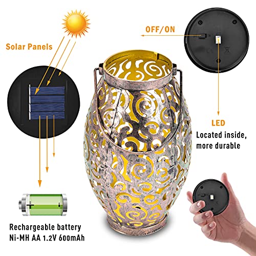 2Pcs Solar Lanterns Outdoor Waterproof Hanging Solar Garden Hollow Lanterns LED Lanterns with Handle Decorative Projector Night Light for Courtyard Porch Pathway Walkway Tree Fence Christmas