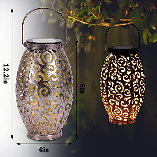 2Pcs Solar Lanterns Outdoor Waterproof Hanging Solar Garden Hollow Lanterns LED Lanterns with Handle Decorative Projector Night Light for Courtyard Porch Pathway Walkway Tree Fence Christmas